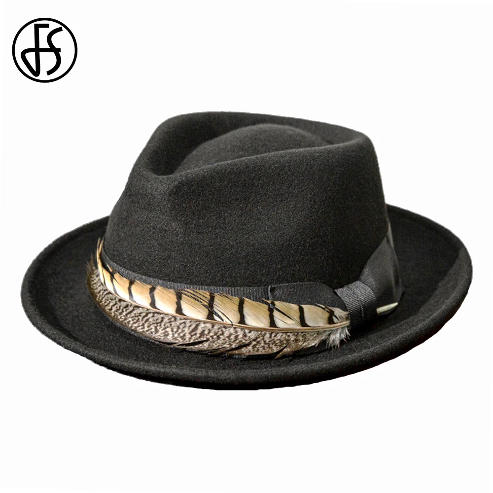 FS Vintage Wool Felt Fedoras Black Cowboy Hats For Men Feather Beige ...