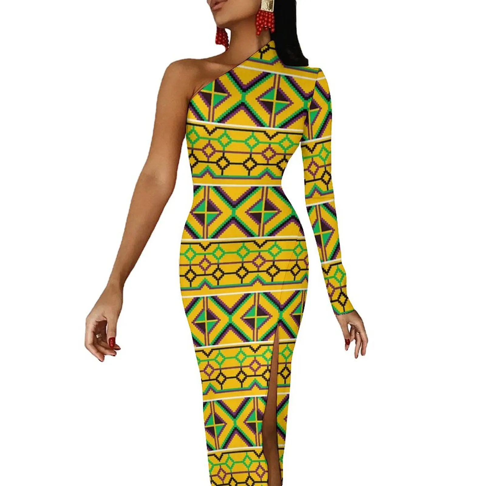 African-Ethnic-Print-Bodycon-Dress-Autumn-Kente-Ghana-Cute-High-Slit ...
