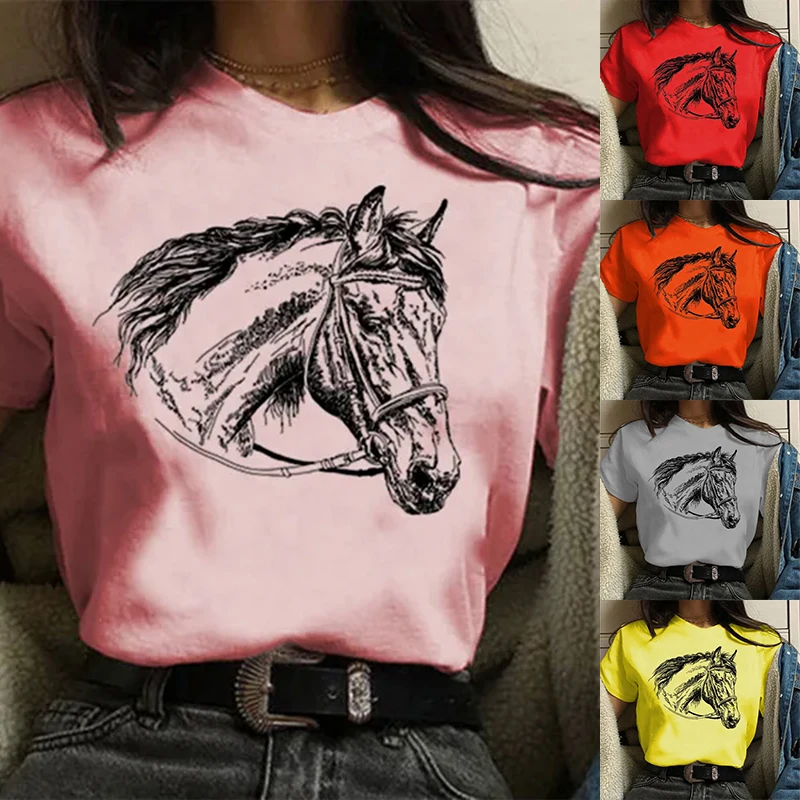 Camiseta 3D com gola O estampada cavalo feminina, tops de manga curta ...