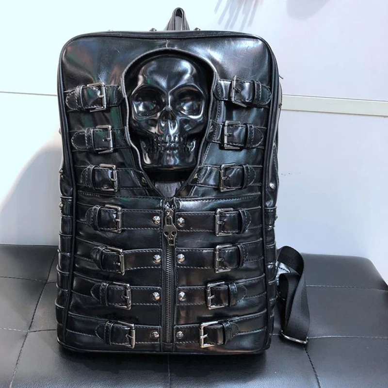 Punk-Style-Unisex-Backpack-Black-Skull-Daypack-Casual-Men-mochila ...