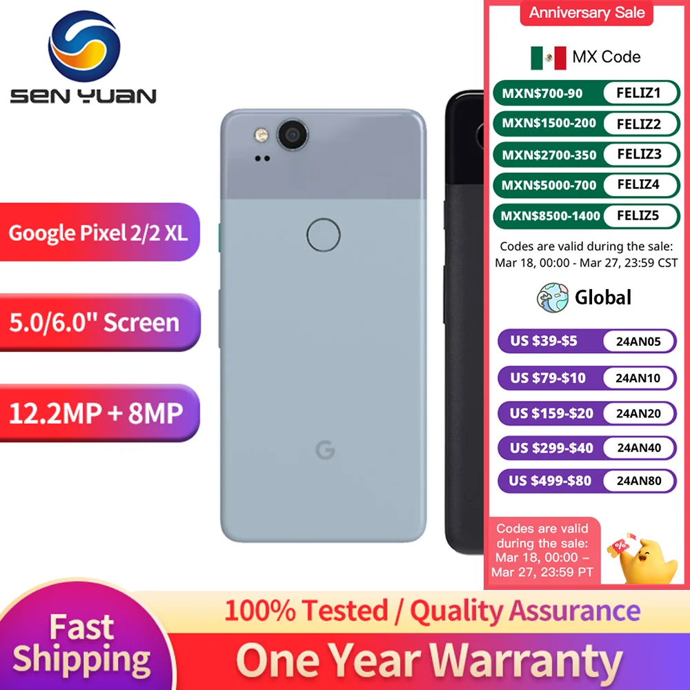 Original Unlocked Google Pixel 2 5.0'' inch Octa Core 4G LTE Android 2XL cellphone 4GB RAM 64GB ...