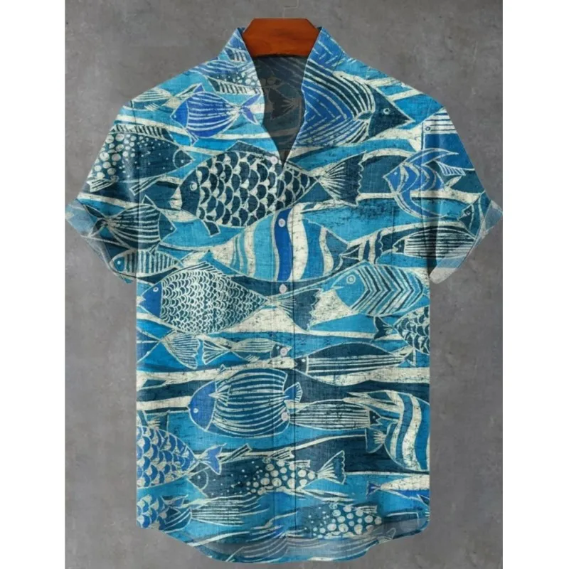 2025 Vintage Style Men's Fish Print Shirt Men's New Casual Linen Shirt ...