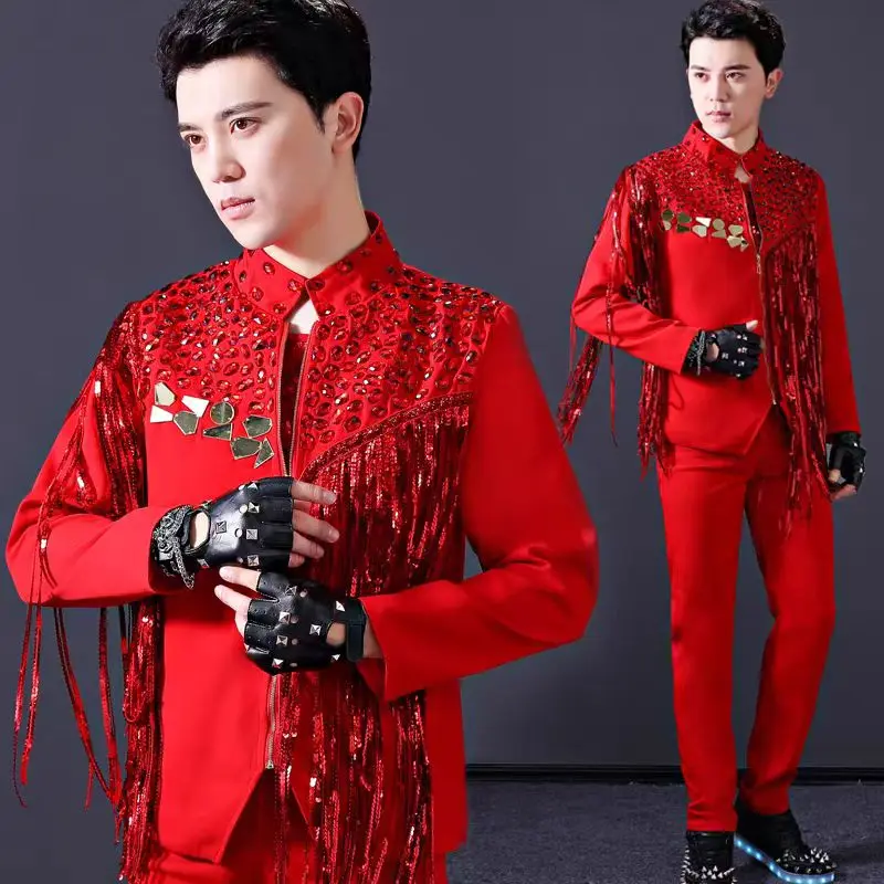 Christmas New Year Red Casual Suit Men's Rhinestones mirror Tassel ...