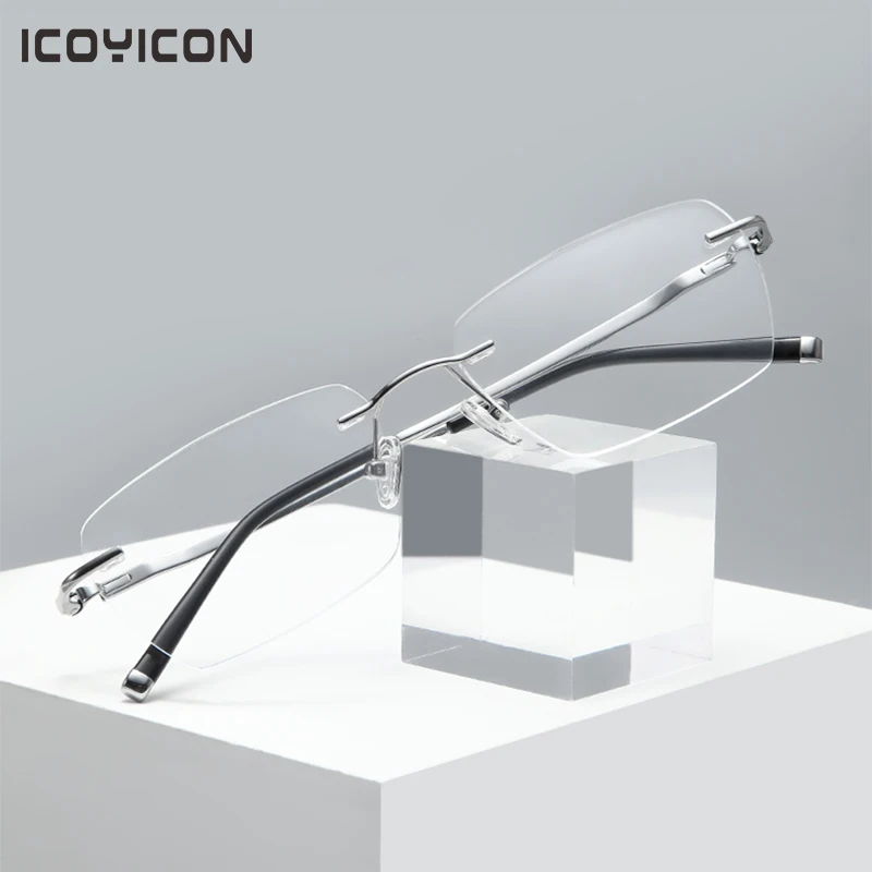 Rimless-Pure-Titanium-Eyeglass-Men-Square-Business-Prescription-Glasses ...