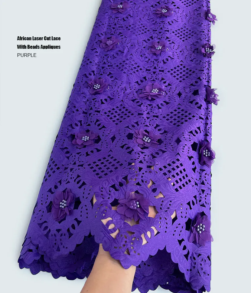5 Yards Fashionable African Laser Cut Lace Holes Textured Fabric Beaded ...