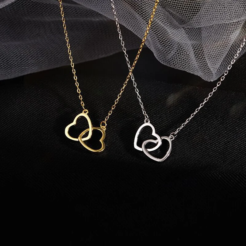 Simple Double Heart Pendant Necklace for Women Couple Stainless Steel ...
