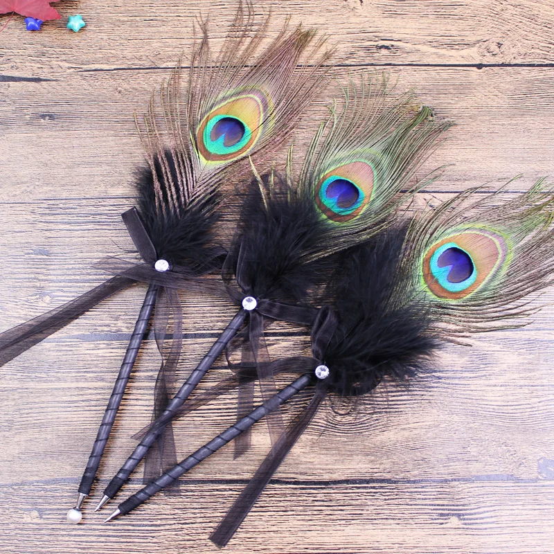 Get-3-Pens-Peacock-Feather-Pen-Black-Ballpoint-Pen-Quill-Wedding-Home ...