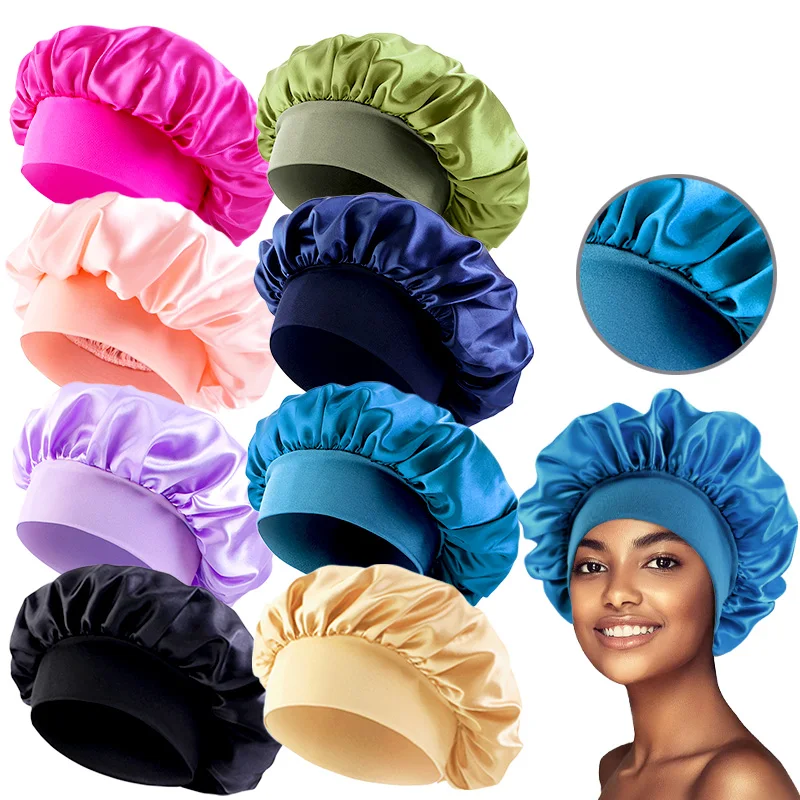 New Women's Satin Solid Wide-brimmed Sleeping Hat Unisex Head Wrap ...