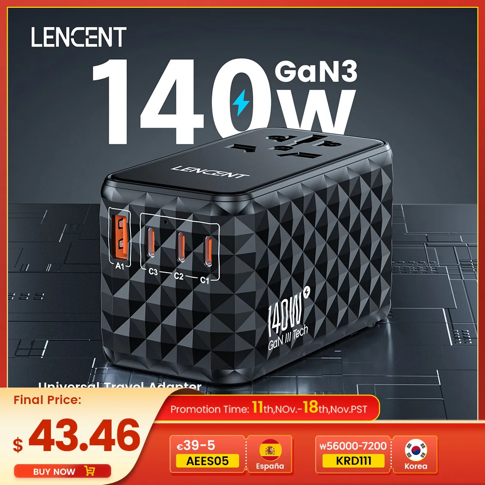 LENCENT-140W-GaN-Universal-Travel-Adapter-with-1USB-A-Ports-3-Type-C ...
