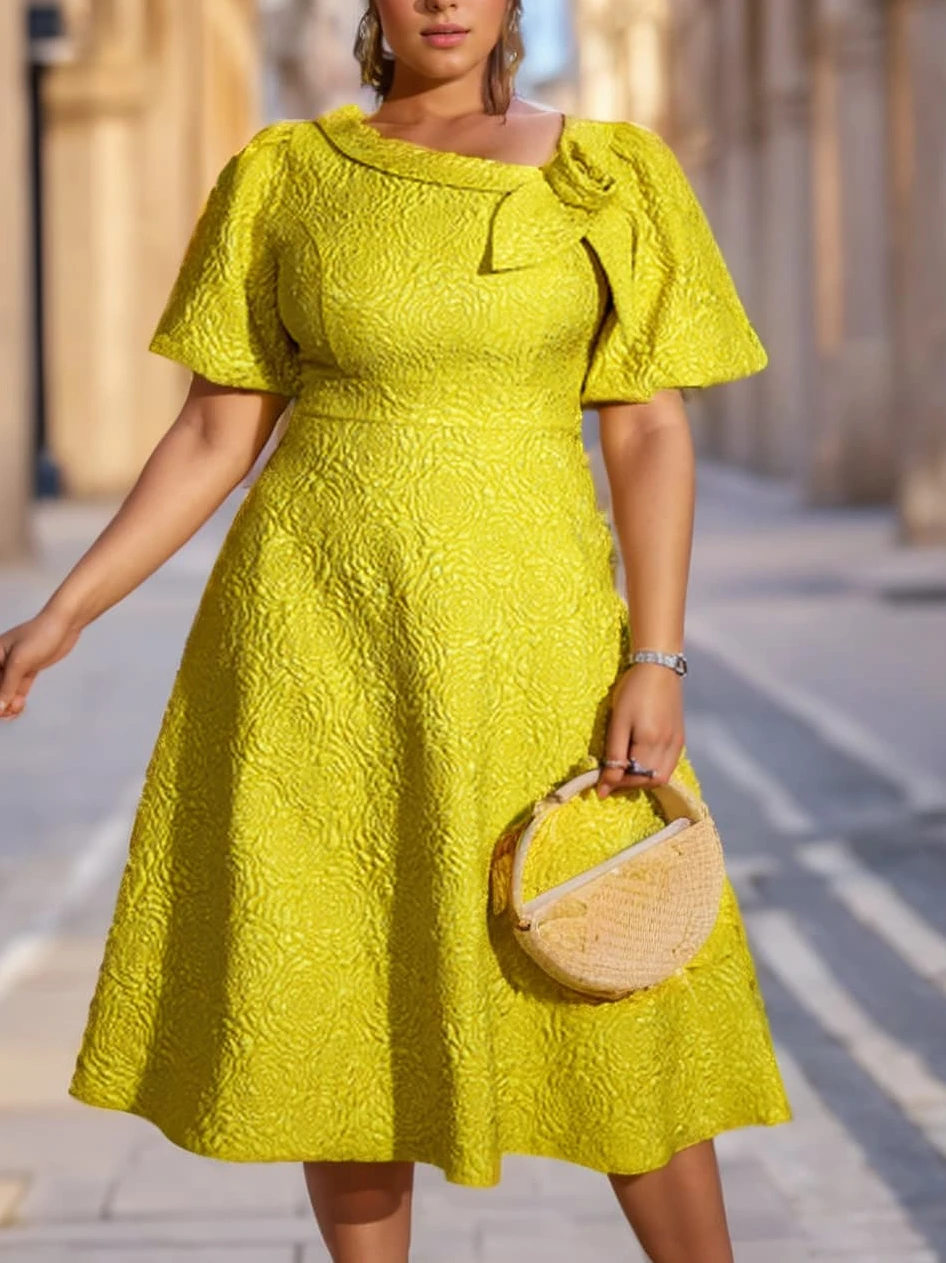 Women Plus Size Elegant Yellow Jacquard A-Line Dress Flower ...
