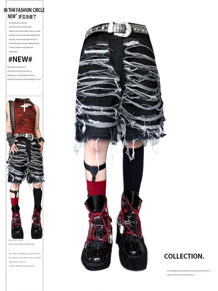 Summer-Women-Goblin-Core-Knee-Length-Baddie-Jean-Shorts-Grunge-Dark ...