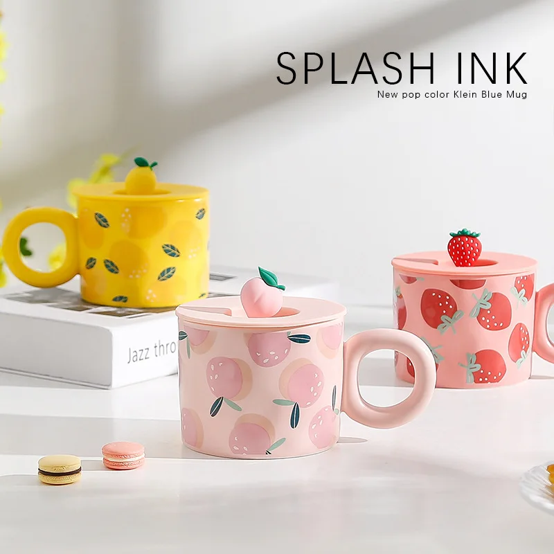 Taza de fruta de 400ml, Taza de cerámica para pareja, Linda taza de agua con tapa, taza creativa ...