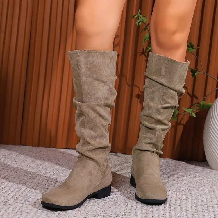 2024-Women-Mid-Calf-Boots-Retro-High-Heels-Solid-Color-Women-Shoes ...