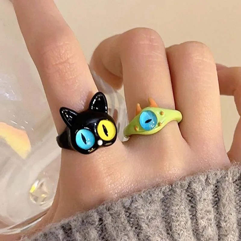Funny Black Cat Monster Ring for Women Cartoon Big Eye Couple Rings ...