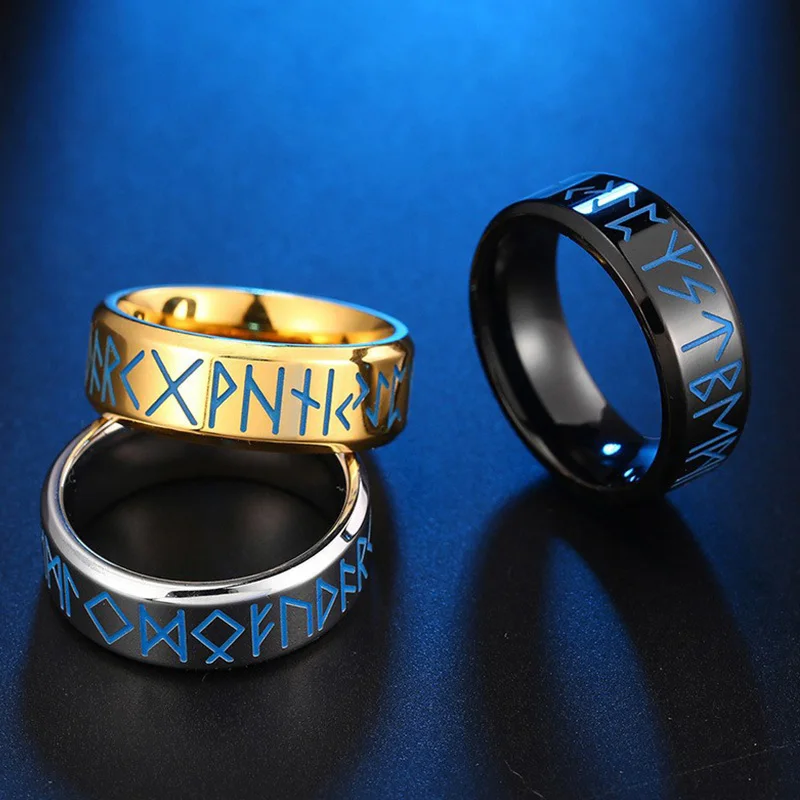 Punk Vintage Viking Rune Luminous Stainless Steel Rings for Men Women ...