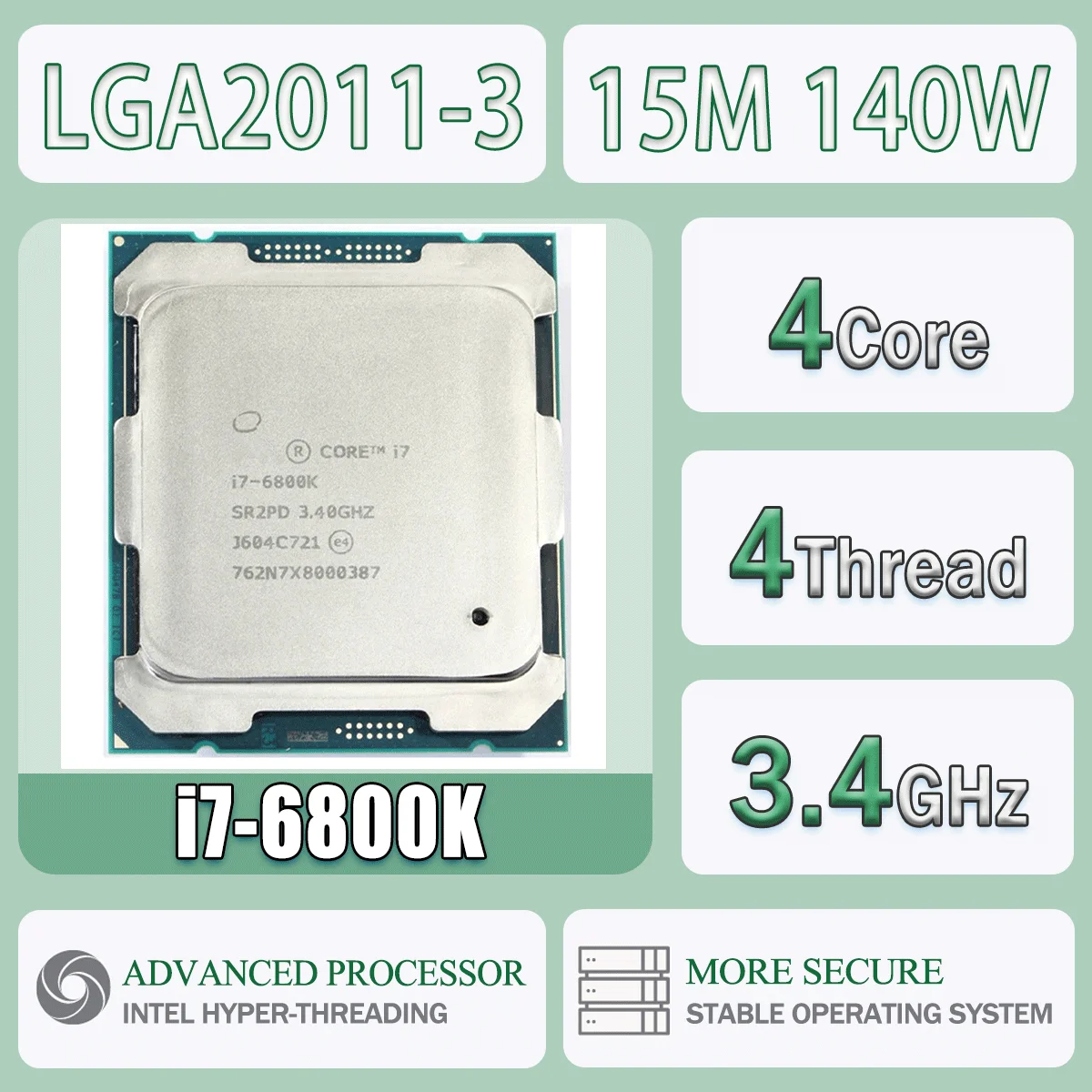 Intel Core I7-6800K 3.4GHz 6 Cores 2 Threads 15M 140W 14NM I7 6800K ...