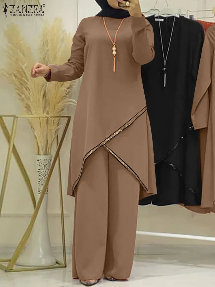 Autumn Muslim Sets Long Sleeve O-neck Turkish Blouse Wide Leg Pant Suit ...