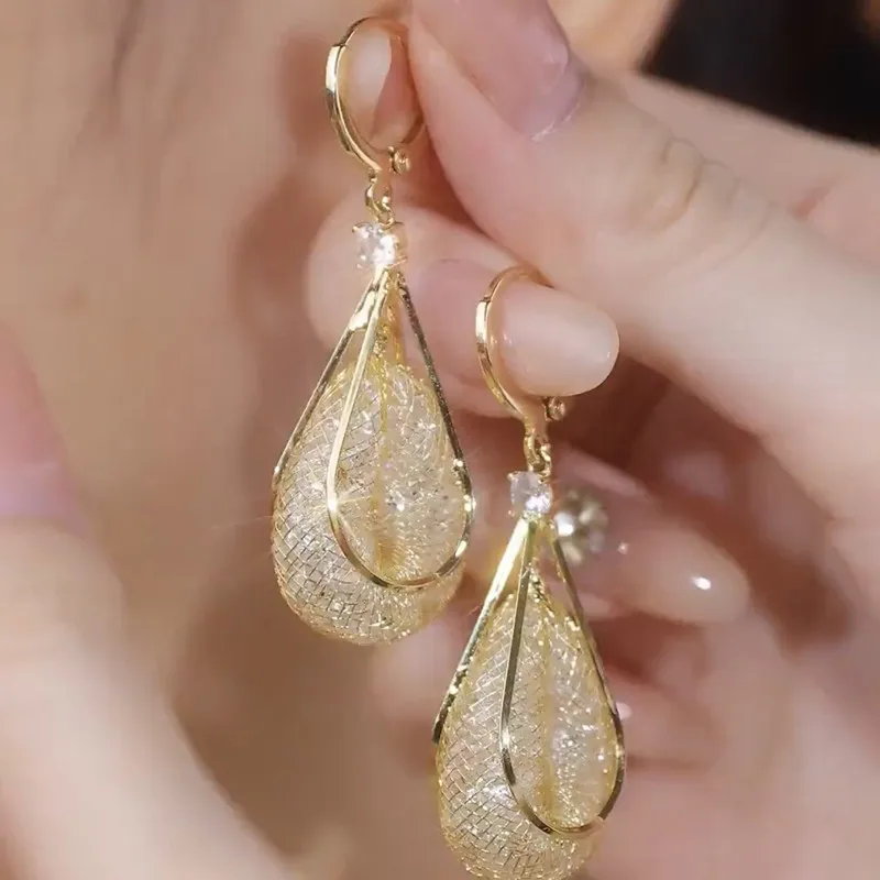New-Mesh-Filled-Zircon-Gold-Color-Drop-Earrings-Women-s-Personalized ...