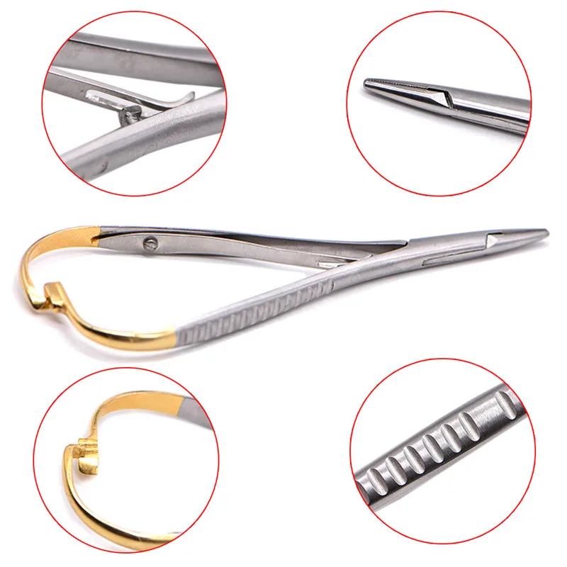 Dentistry-Straight-Head-Needle-Holder-Forceps-Curved-Gold-Plated-Handle ...