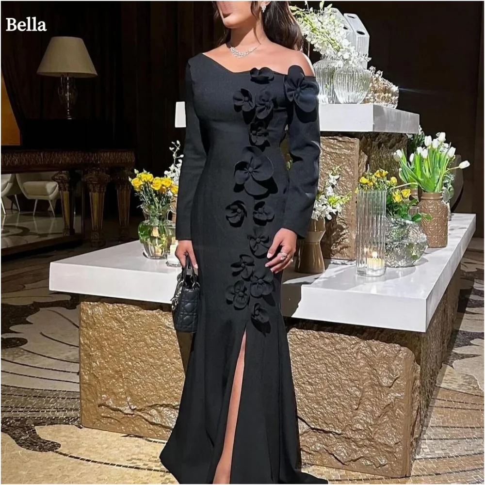 Bella Customized Black Side Slit Long Sleeves robes de soirée Backless ...