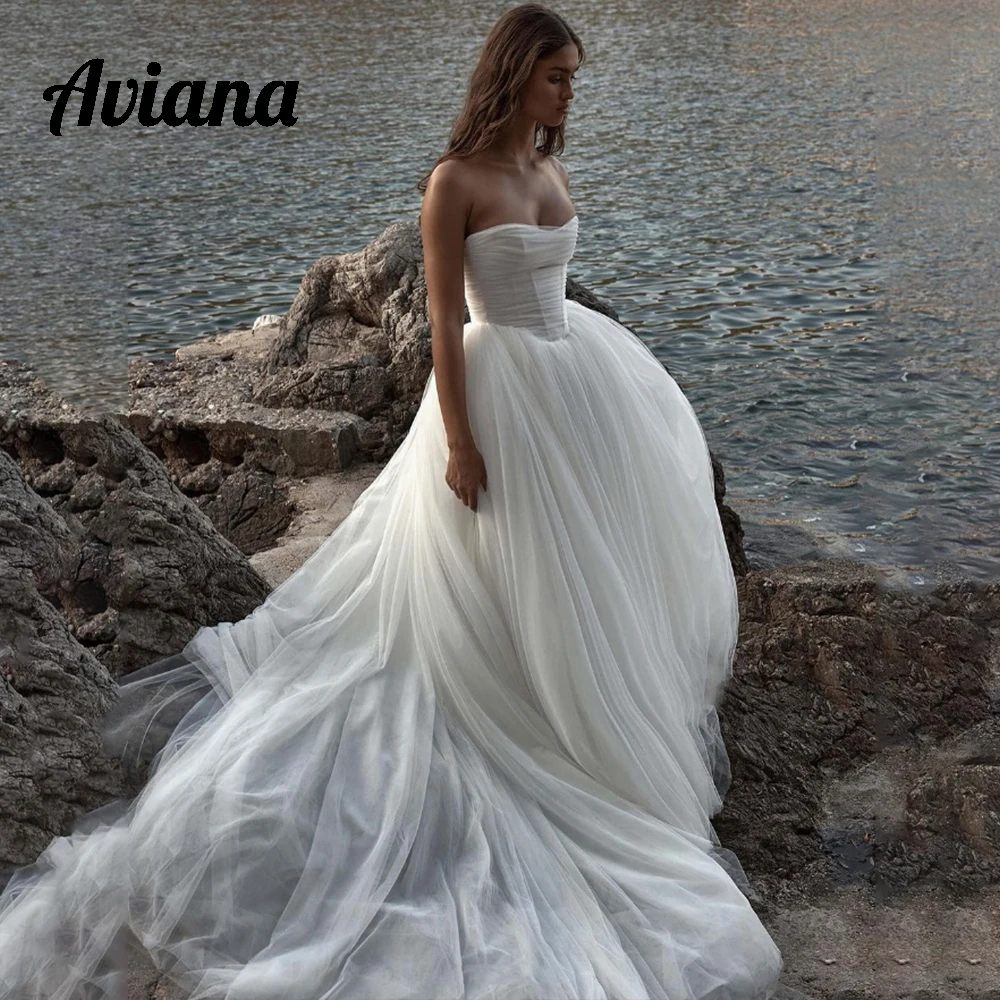 Customized Simple Tulle A-Line Wedding Dresses Strapless Ruched Hollow ...