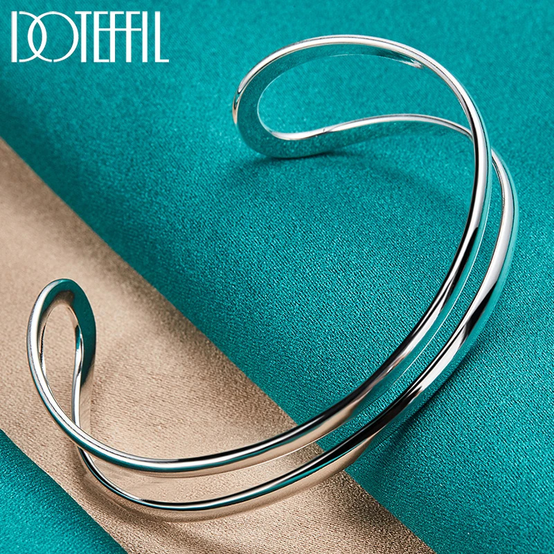 DOTEFFIL 925 Sterling Silver Double Circle Line Bangle Bracelet For ...