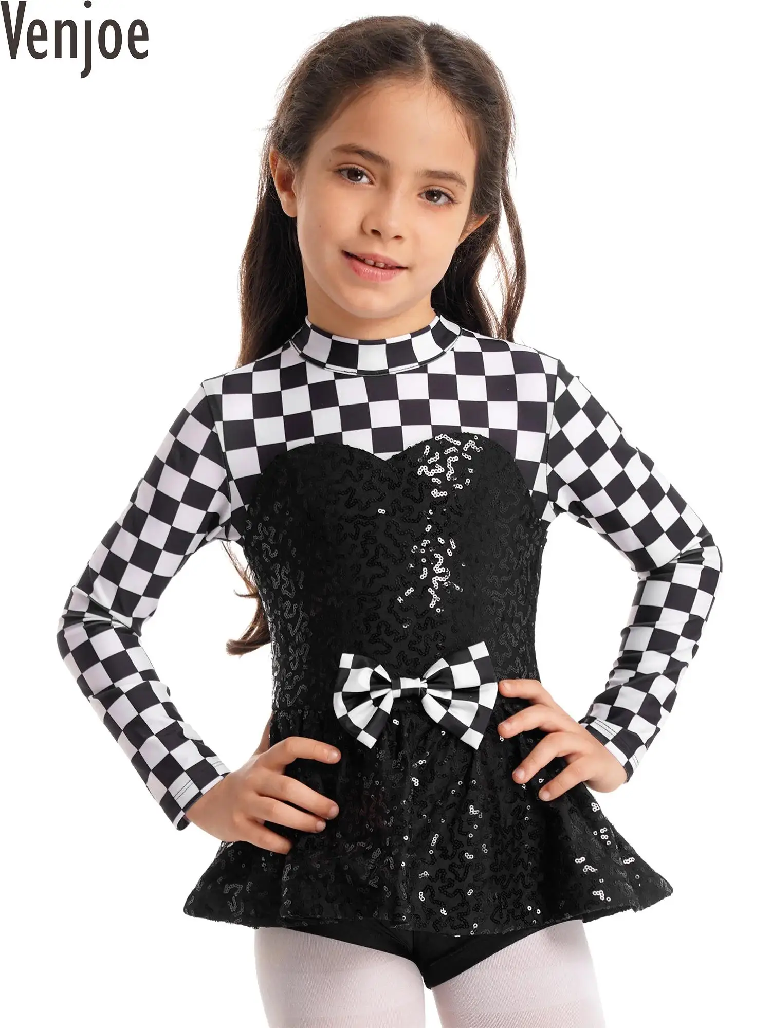 Kids-Girls-Racer-Costume-Long-Sleeve-Sequin-Checkerboard-Print-Keyhole ...