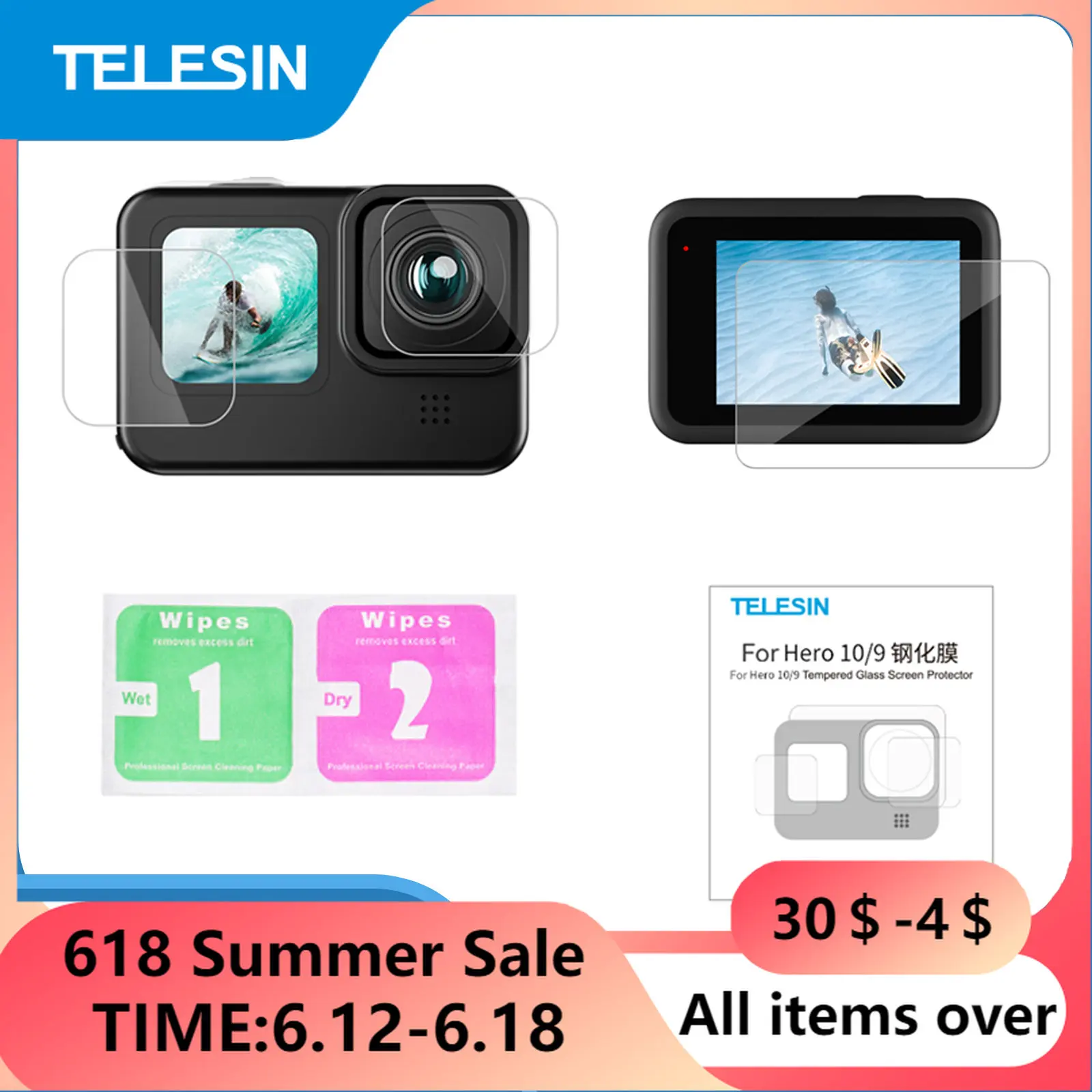 TELESIN Tela de vidro temperado Protector Case Capa, GoPro Hero 11, 10 ...