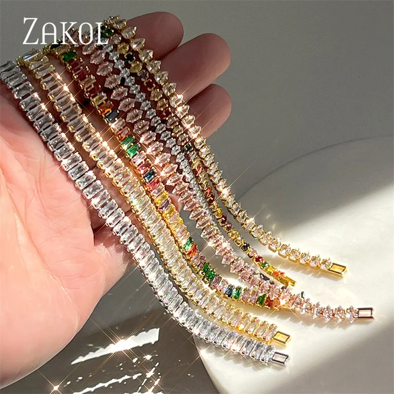 ZAKOL Fashion Rectangle Zircon Tennis Bracelets for Women Geometry ...