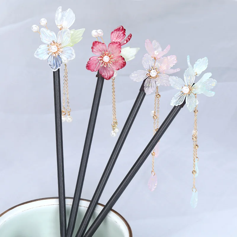 Vintage Wood Flower Tassel Step Shaking Hairpin Hair Stick Ancient ...