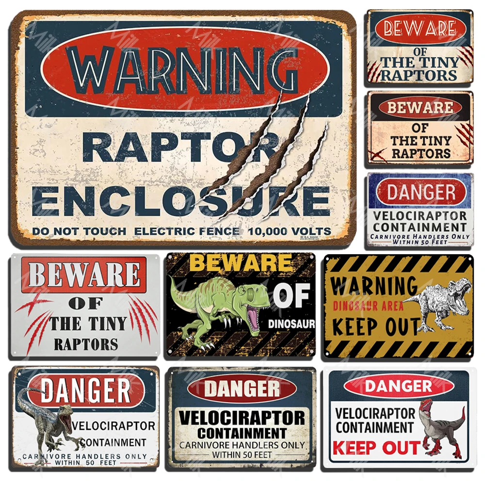 Dinosaur-Tin-Sign-Warning-Raptor-Enclosure-Warning-Beware-Velociraptor ...