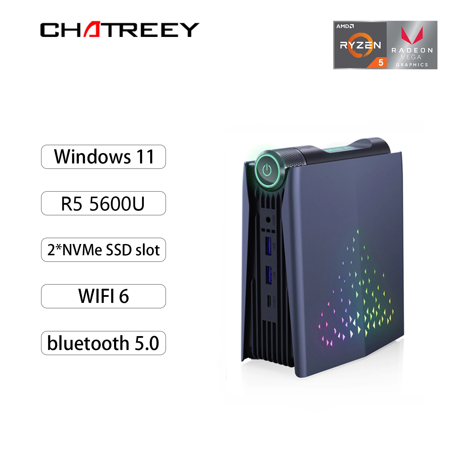 Chatreey Amr5 Mini Pc Amd Ryzen 5 5600u Rgb Light Gaming Desktop ...