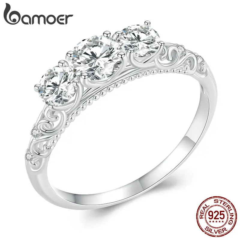 BAMOER 1.1CTTW Round Moissanite Platinum Plated Ring for Women D Color VVS1 EX Lab Diamond ...
