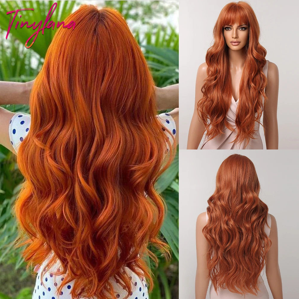 Orange Red Synthetic Wigs Long Wavy Bangs Women Natural Cosplay Body ...