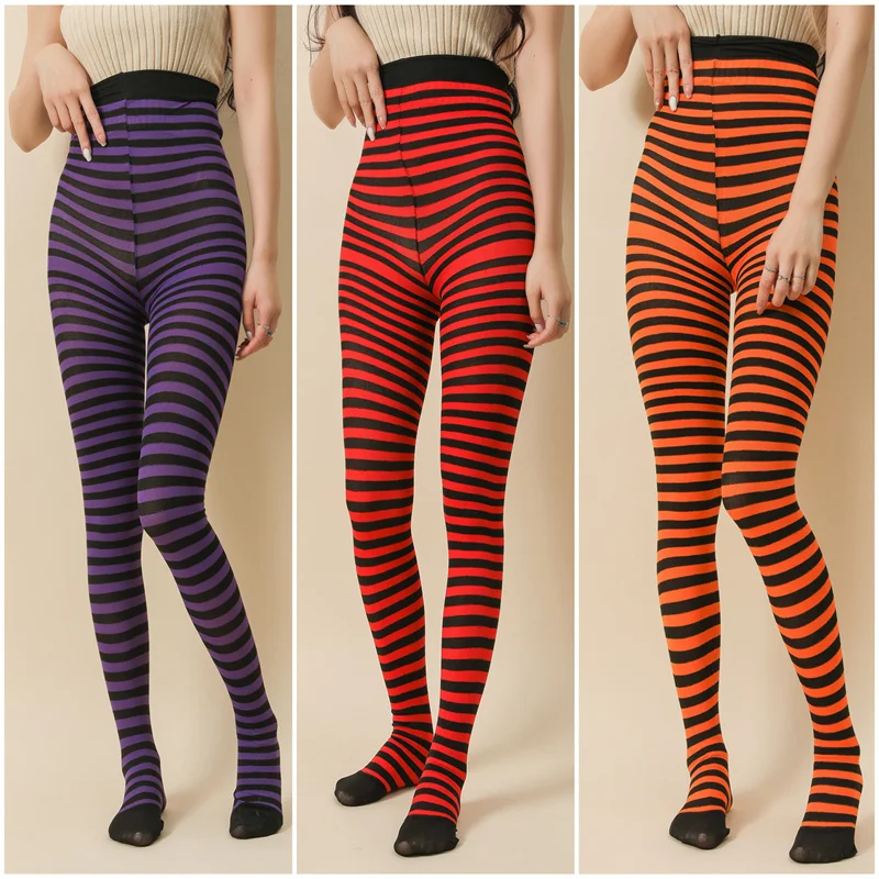 Goth Style Punk Women Striped Pantyhose Rainbow Long Tights Halloween ...
