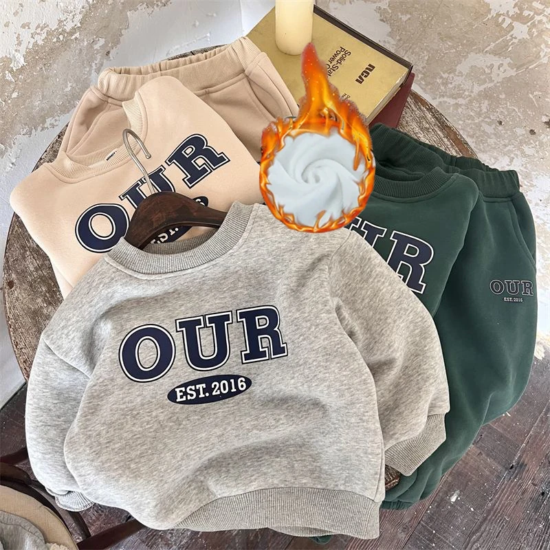 Boys Girls Clothing Set Fall Winter Fleece Children Tops Pants 2PCS ...