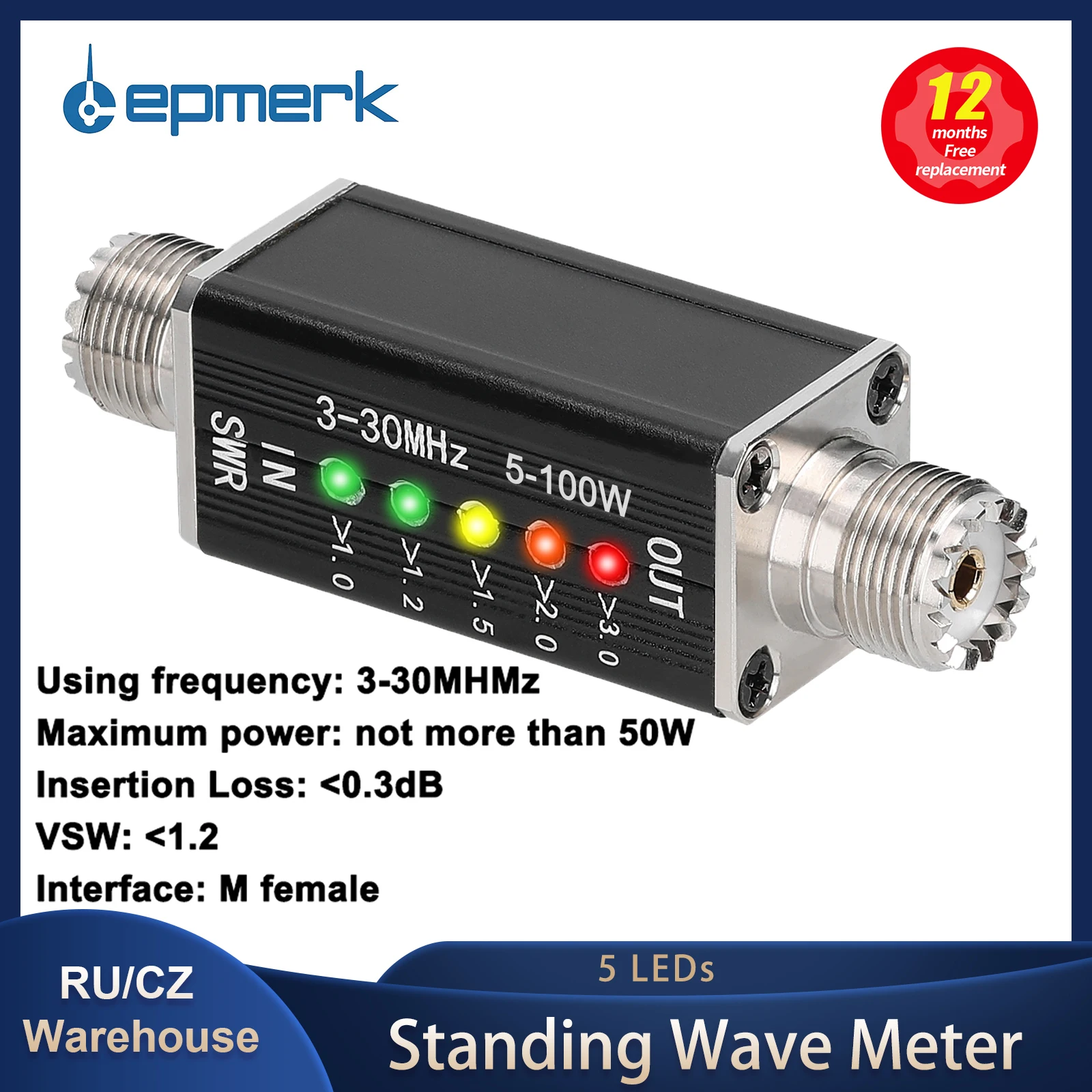 SWR-Meter-3-30MHz-Frequency-Shortwave-Standing-Waves-Indicator-with-5-LEDs-M-Female-Interface ...