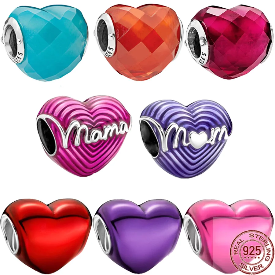 NEW-Metallic-Pink-Purple-Red-Radiating-Love-Mom-Heart-Charm-925 ...
