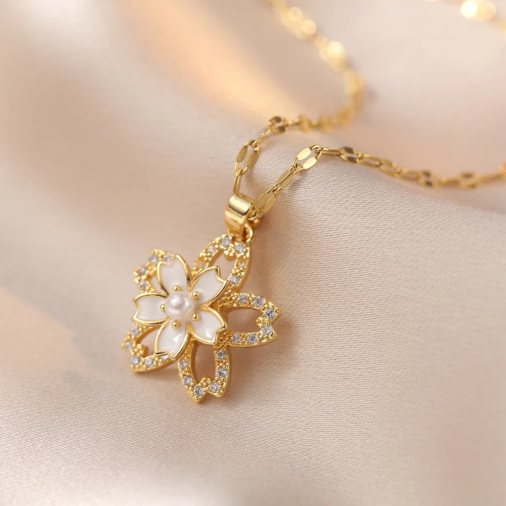 360-Rotatable-Cherry-Blossom-Flower-Pendant-Necklace-for-Women-to ...