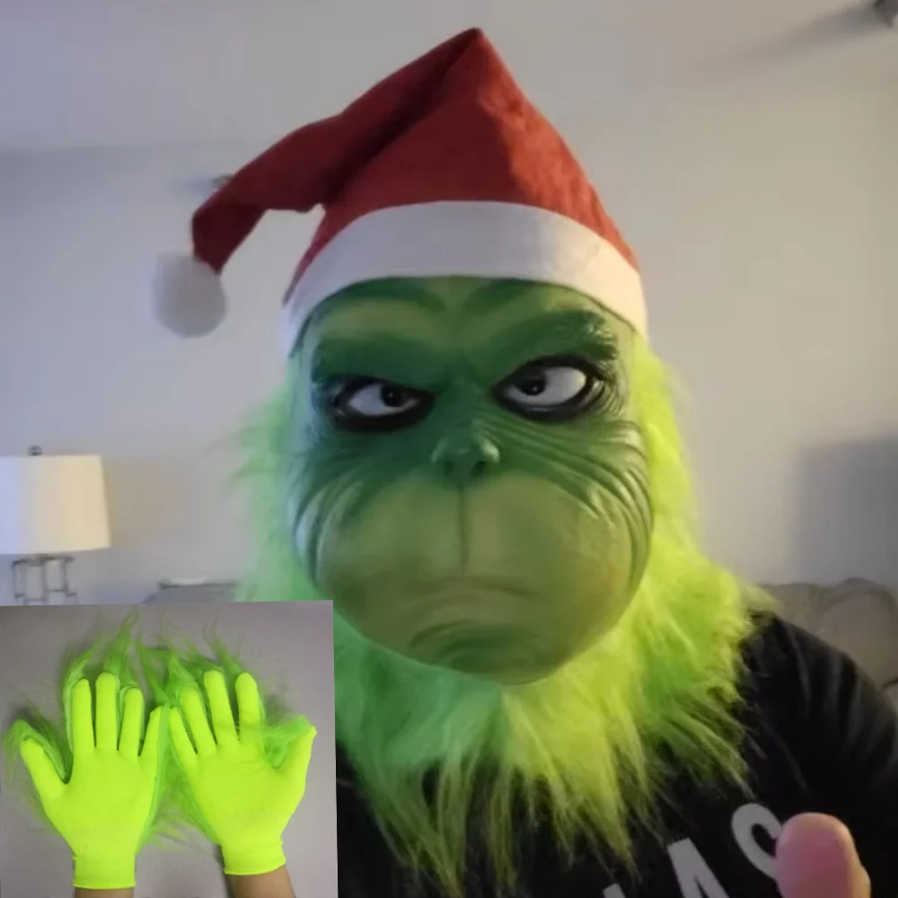 Green-Horror-Monster-Mask-With-Red-Santa-Hat-Cute-Role-Play-Halloween ...