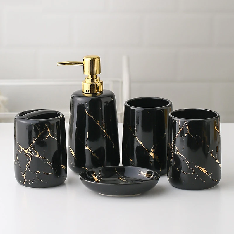Gold-plated-Ceramic-Toiletries-Bathroom-Set-Marble-Porcelain-Cup ...