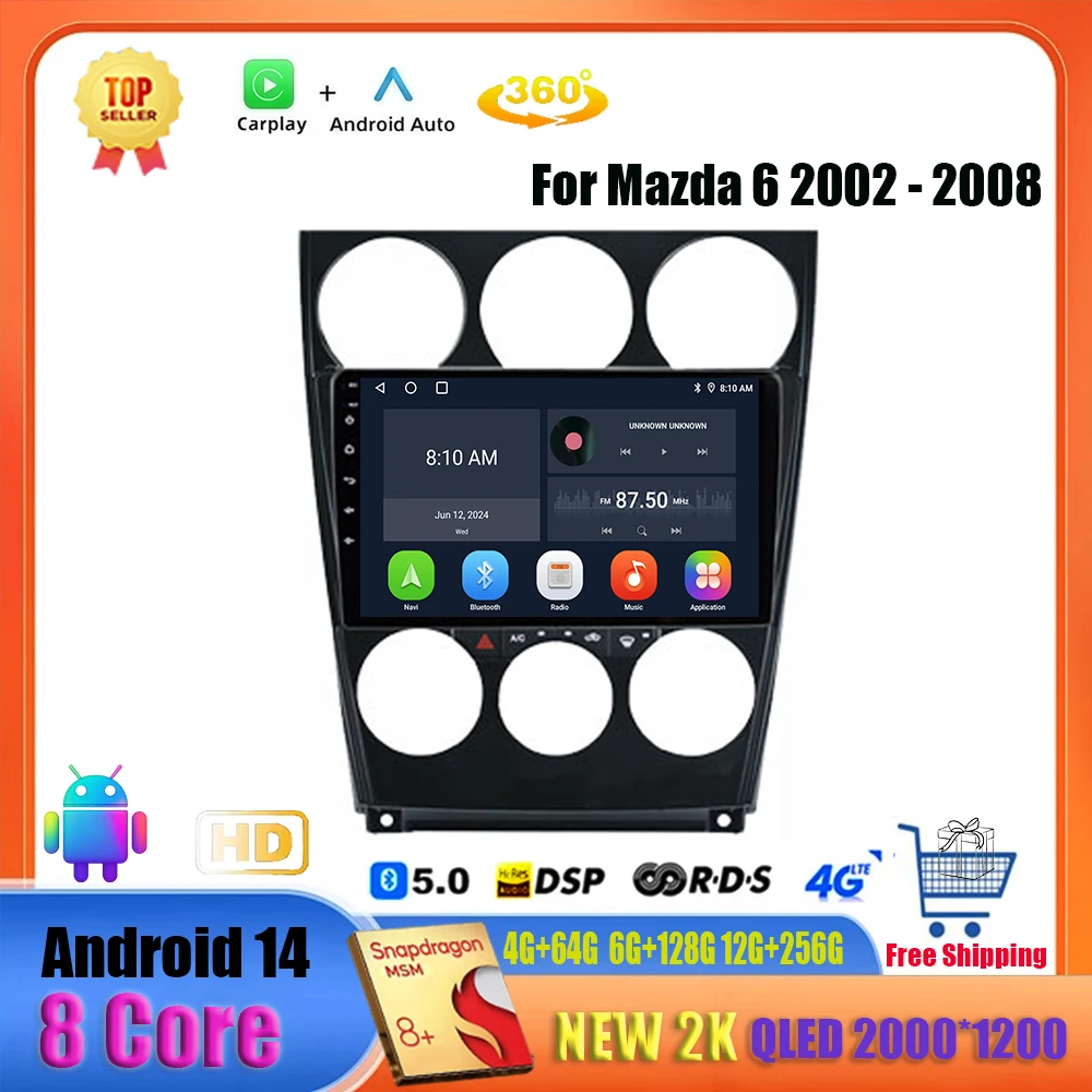 For Mazda 6 2002 - 2008 Android 14 Car Radio 2 DIN Multimedia Player ...