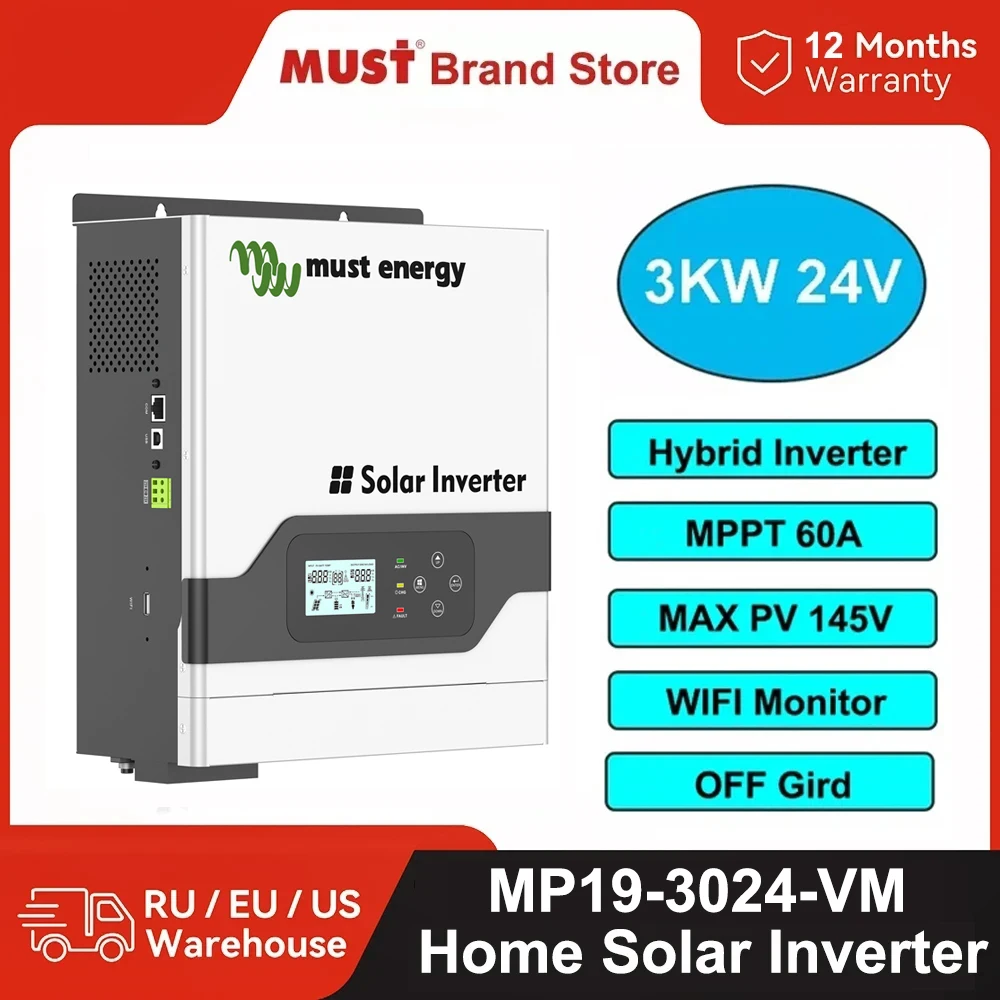 MUST Energy 3KW 24V MPPT 60A Hybrid Solar Inverter 220V 230V Output PV ...