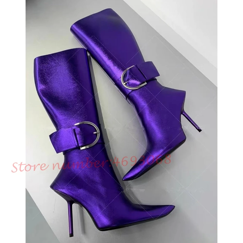 Shiny Leather Print Buckle Heels Boots Female Trend Pointy Toe Winter ...