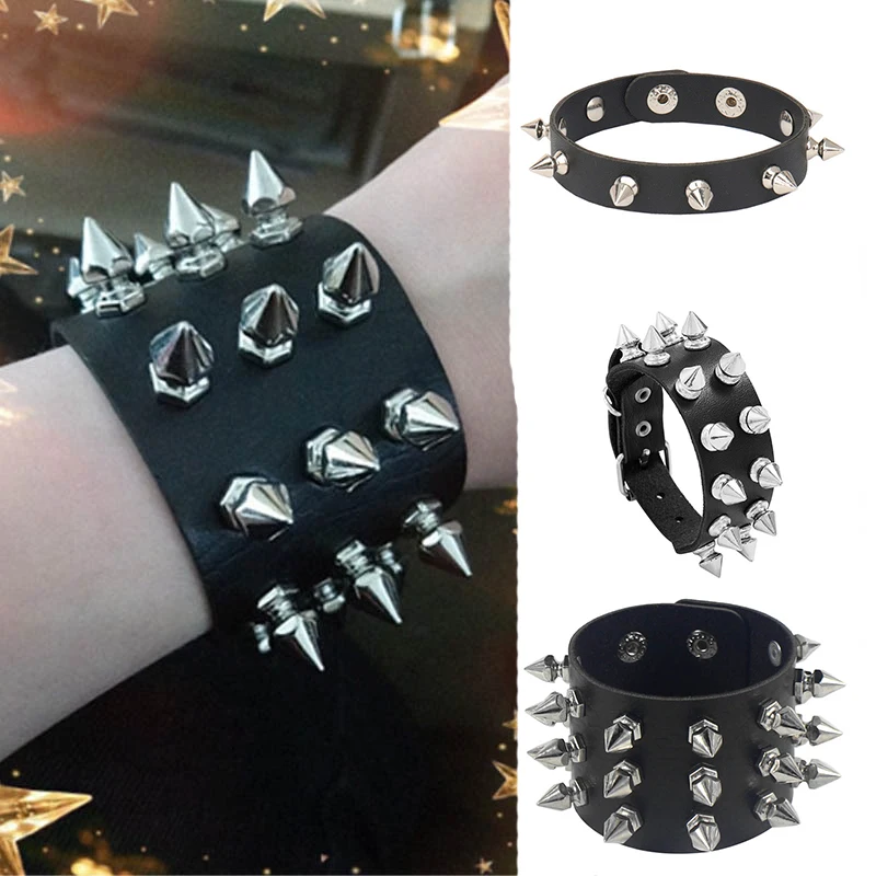 Punk-Bracelet-for-Men-Women-Goth-Black-Leather-Wristband-with-Metal ...