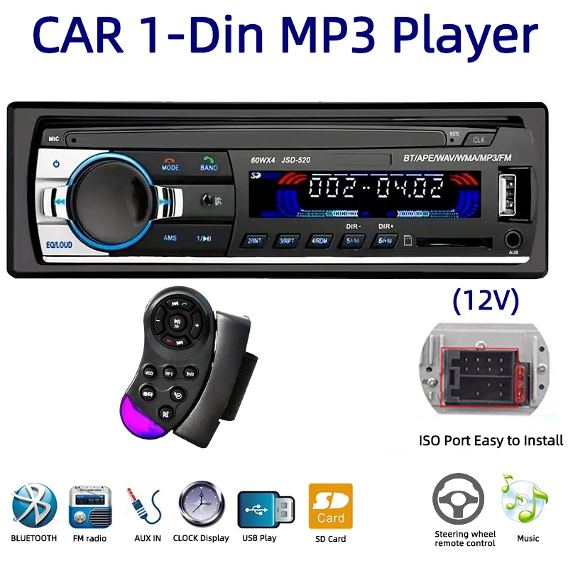 Car-Radio-1DIN-USB-MP3-Player-SD-Card-Bluetooth-FM-Receiver-520-12V-WMA ...