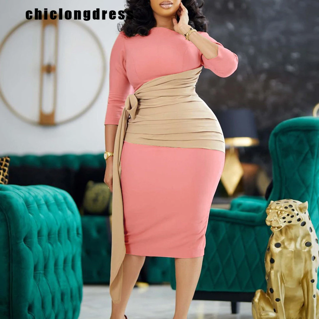 Autumn Fashion Elegant Colorblock Lace-up Dress Women Office Ladies Ol ...