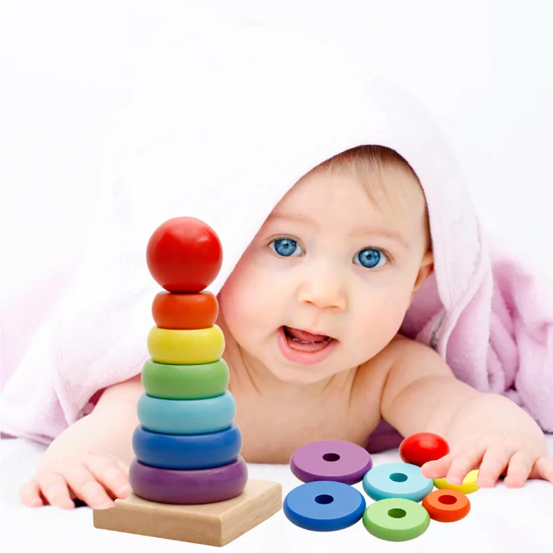 Rainbow-Stacker-Wooden-Ring-Educational-Toy-Kids-Tower-Stack-Up-Blocks ...