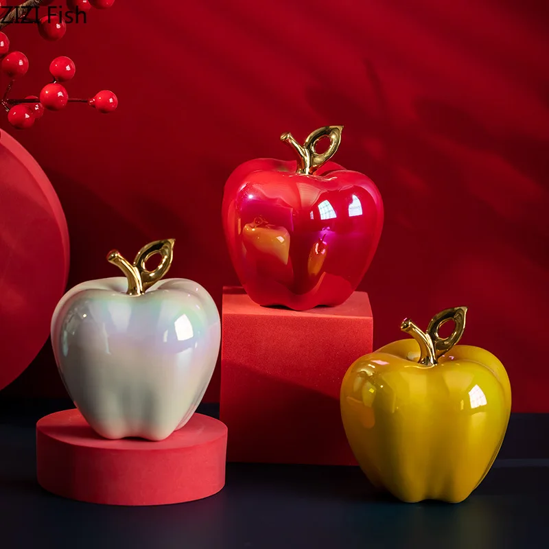 Shining Ceramic Apple Artworks Golden-plated Fruits Statue Desk ...