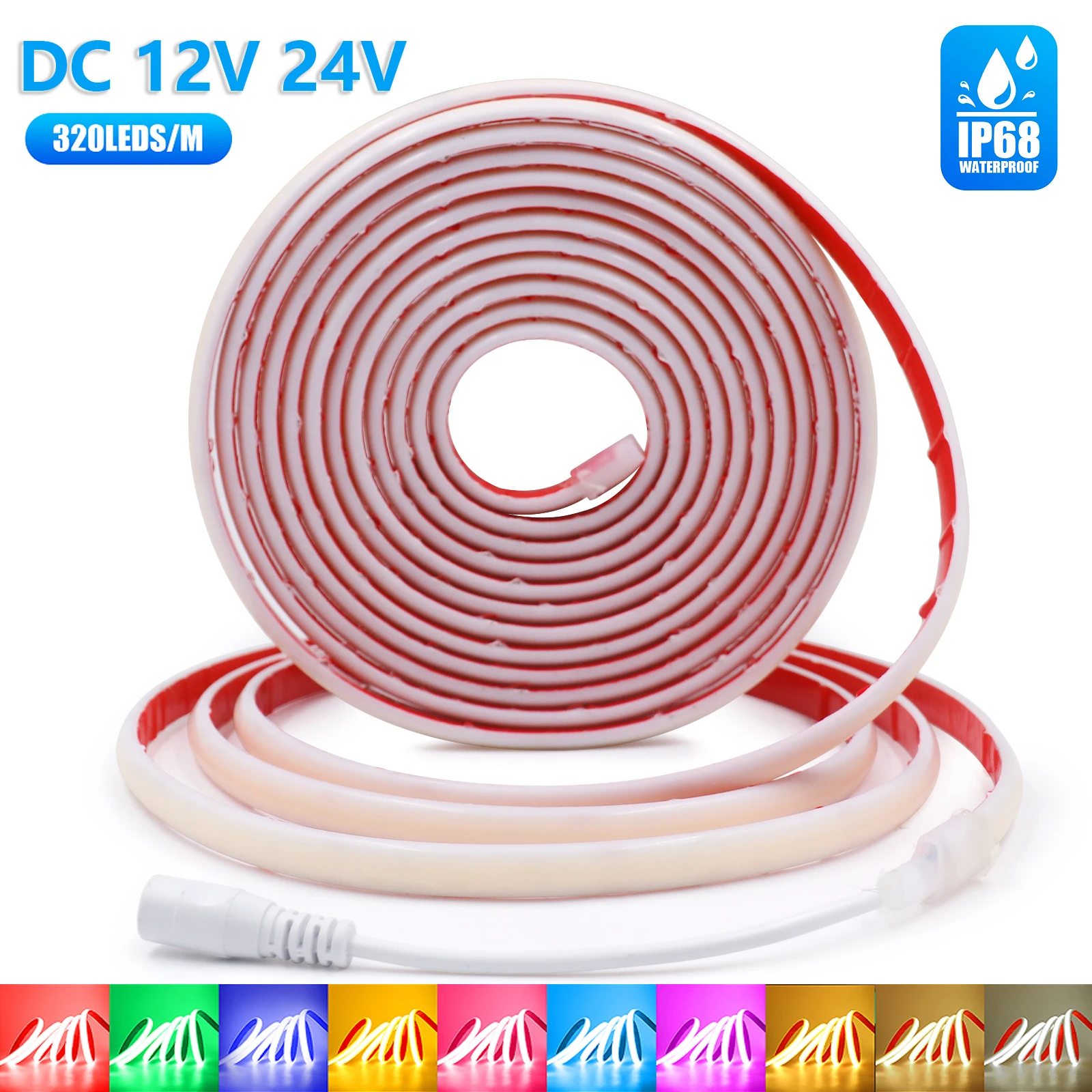 IP68 Waterproof LED COB Strip 12V 24V 320LEDs/m Flexible Neon Tape COB ...